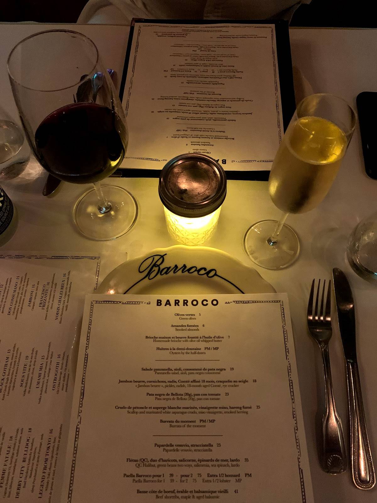 Menu at BARROCO, Montréal