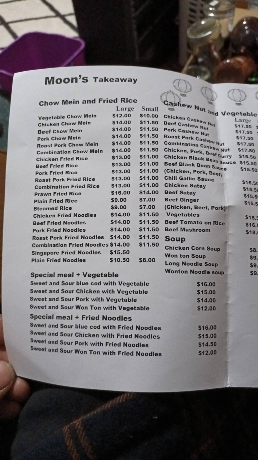 Menu at Moon's Chinese Restaurant & Takeaways, Invercargill