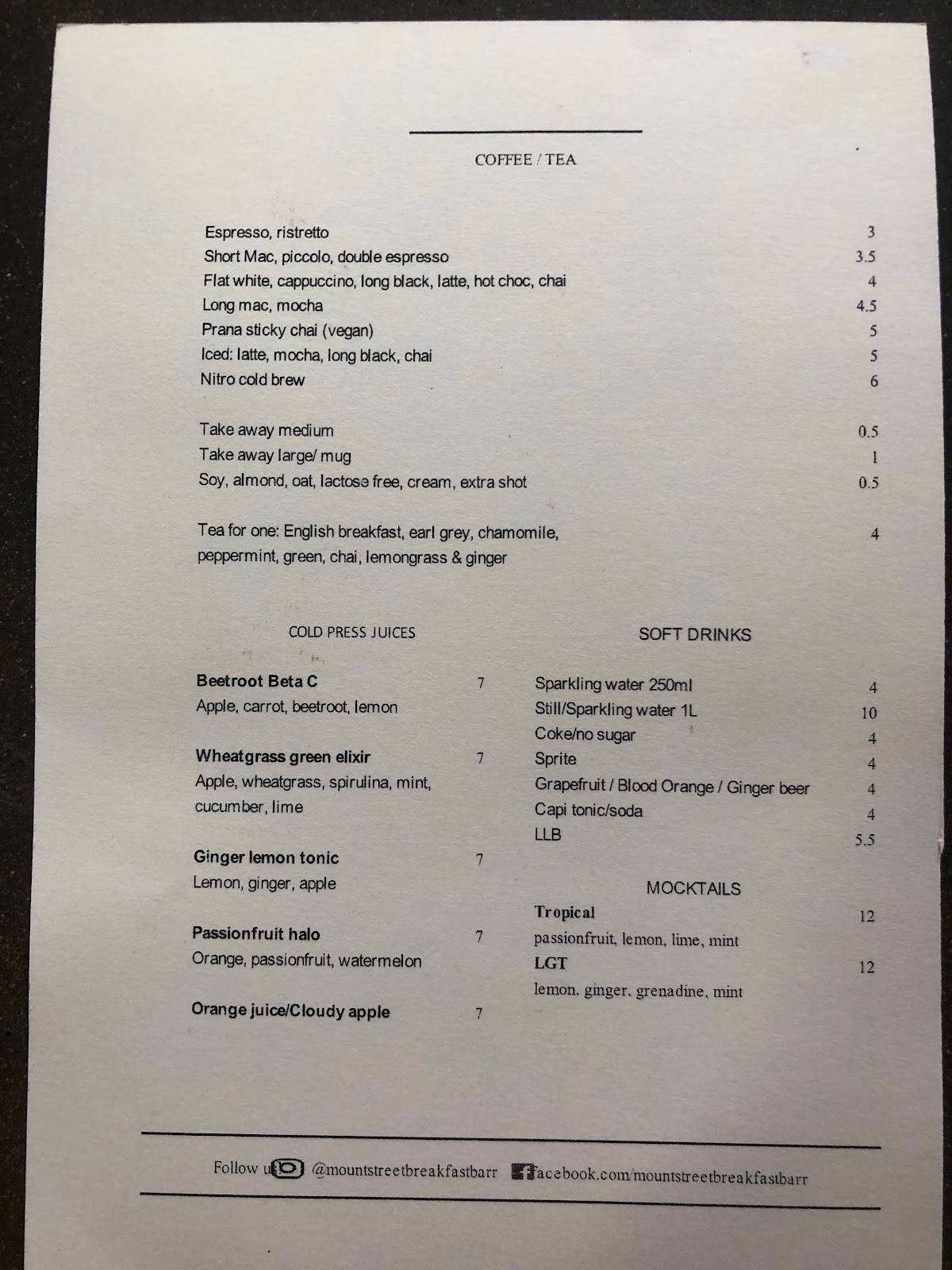 Menu at Mount Street Breakfast Bar, West Perth