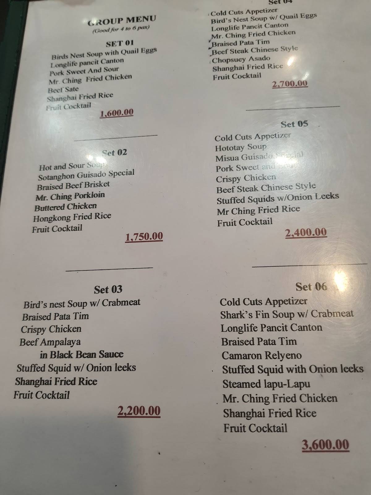 Menu at Mr. Ching Cuisine restaurant, Baguio