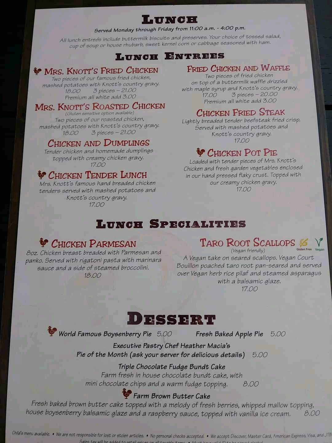 Menu at Mrs. Knott's Chicken Dinner Restaurant, Buena Park