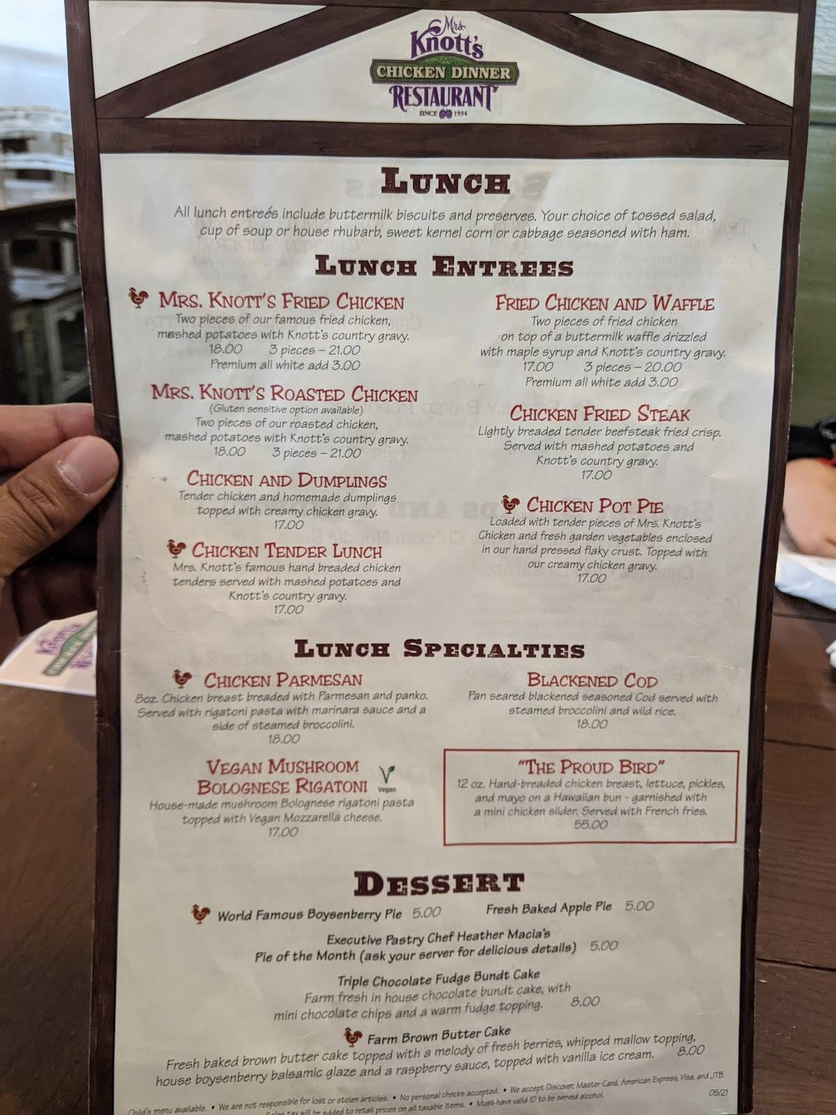 Menu at Mrs. Knott's Chicken Dinner Restaurant, Buena Park