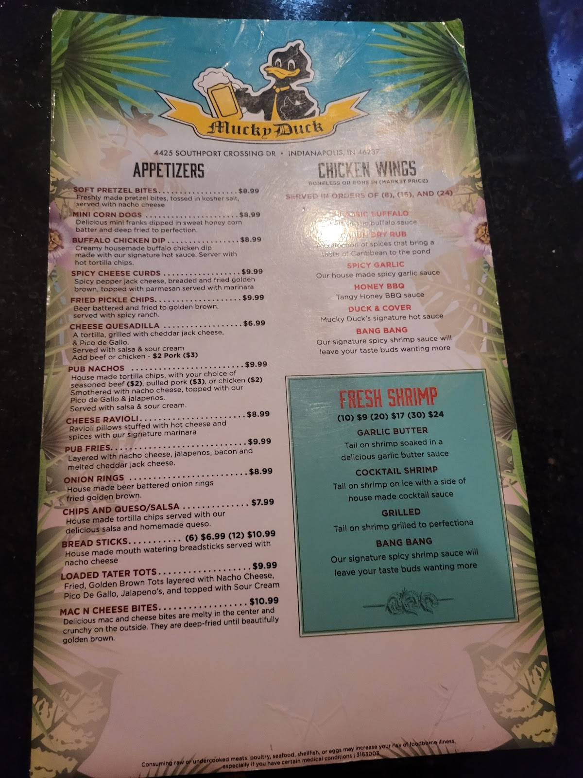 Menu at Mucky Duck Pub, Indianapolis