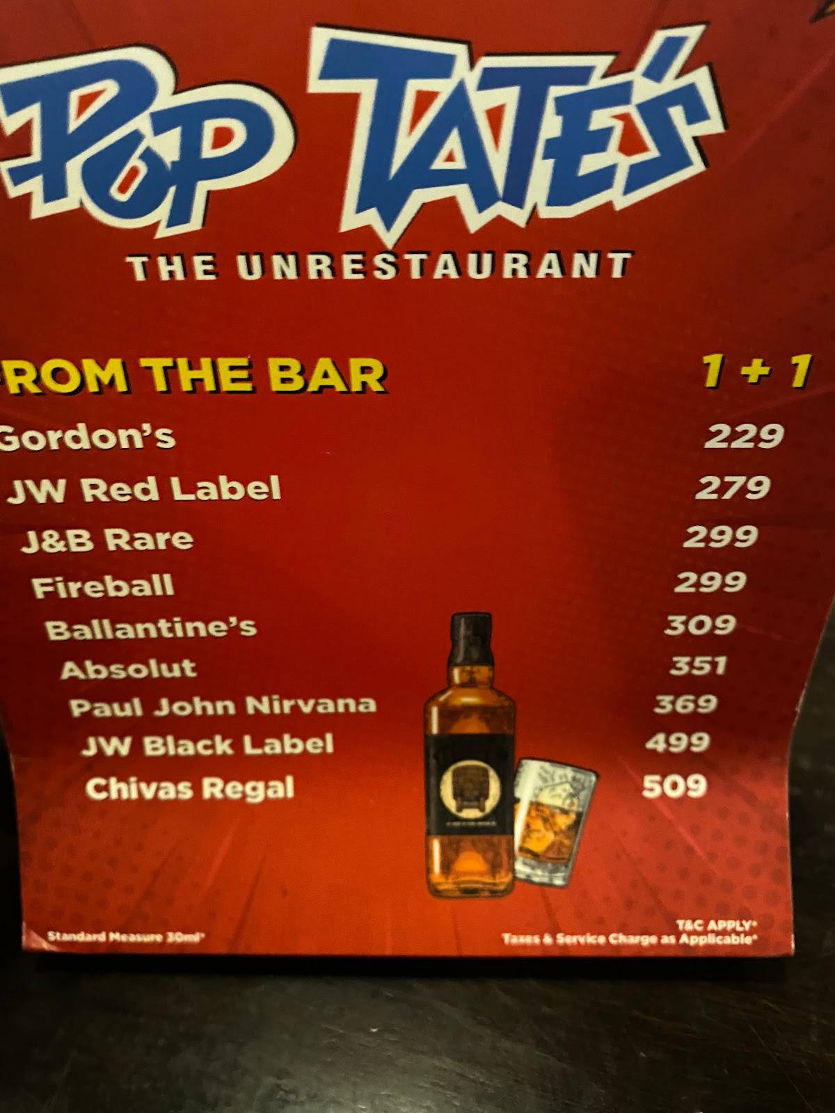 Menu at Pop Tate's R-City Mall, Mumbai