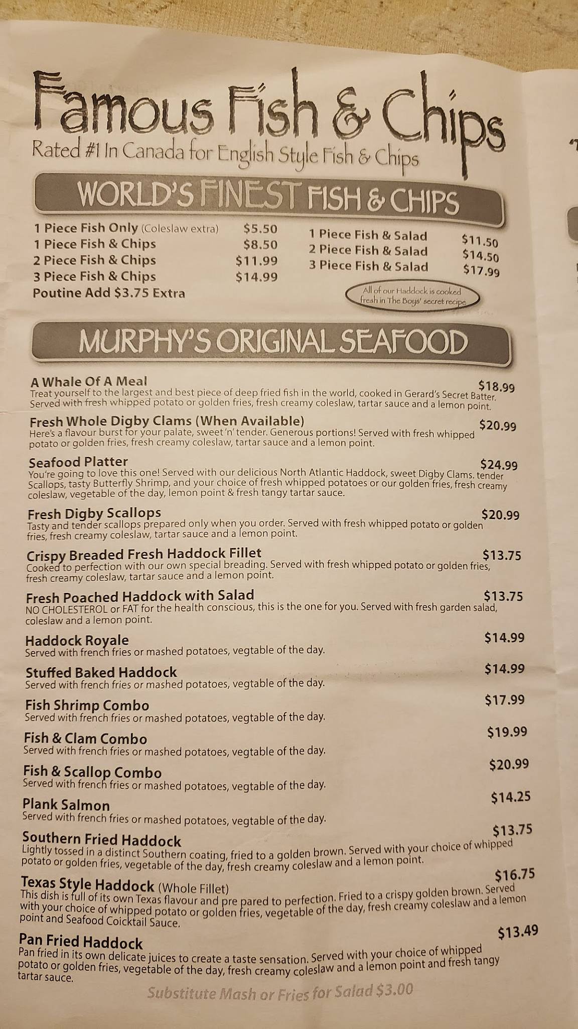 Menu at Murphy's Fish & Chips restaurant, Truro