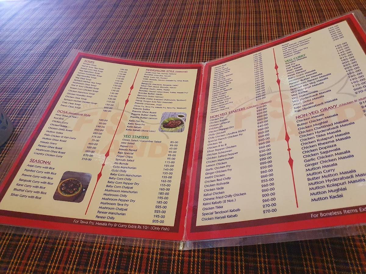 Menu at Poojari Fish Land, Mysuru
