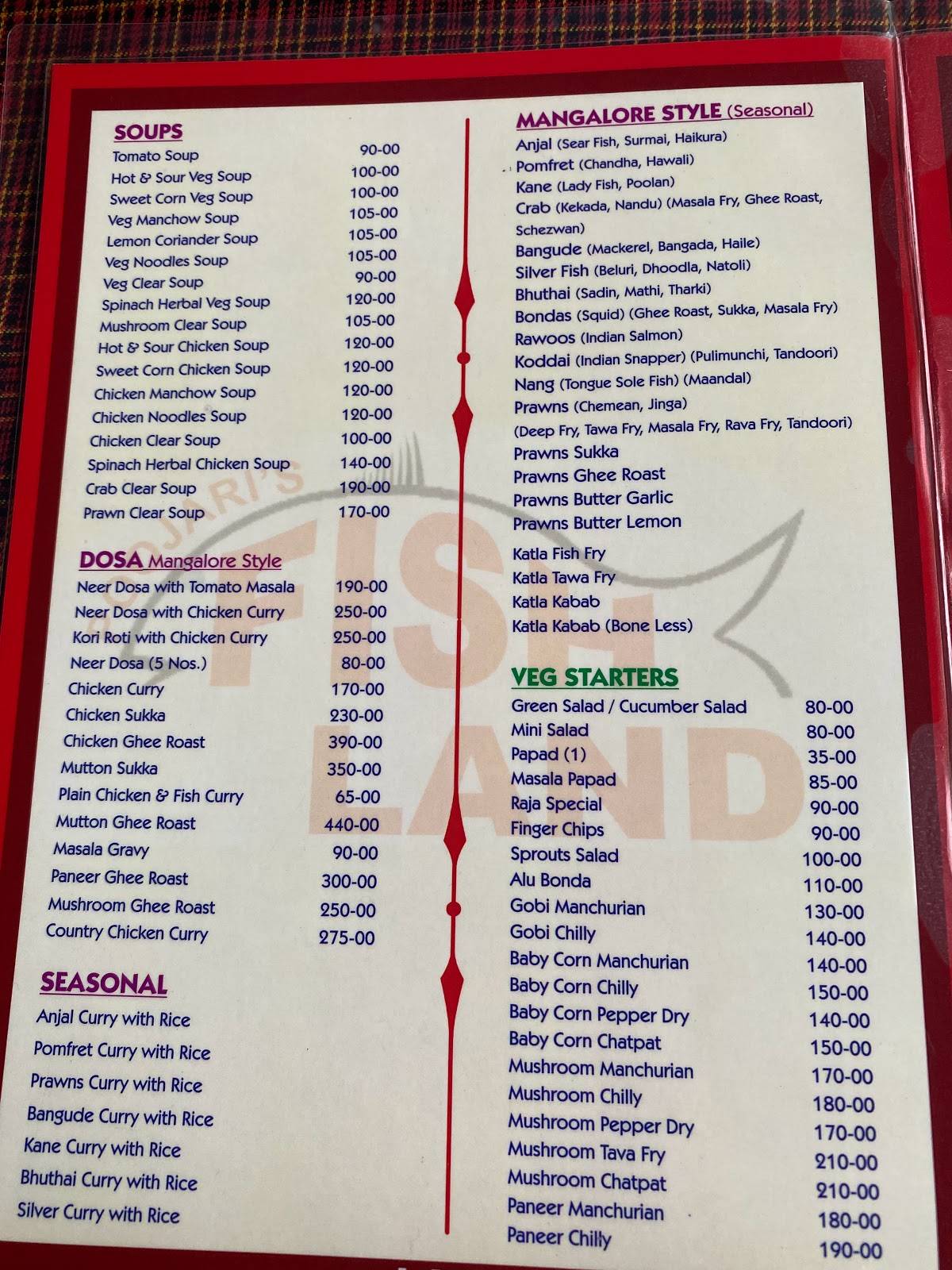 Menu at Poojari Fish Land, Mysuru