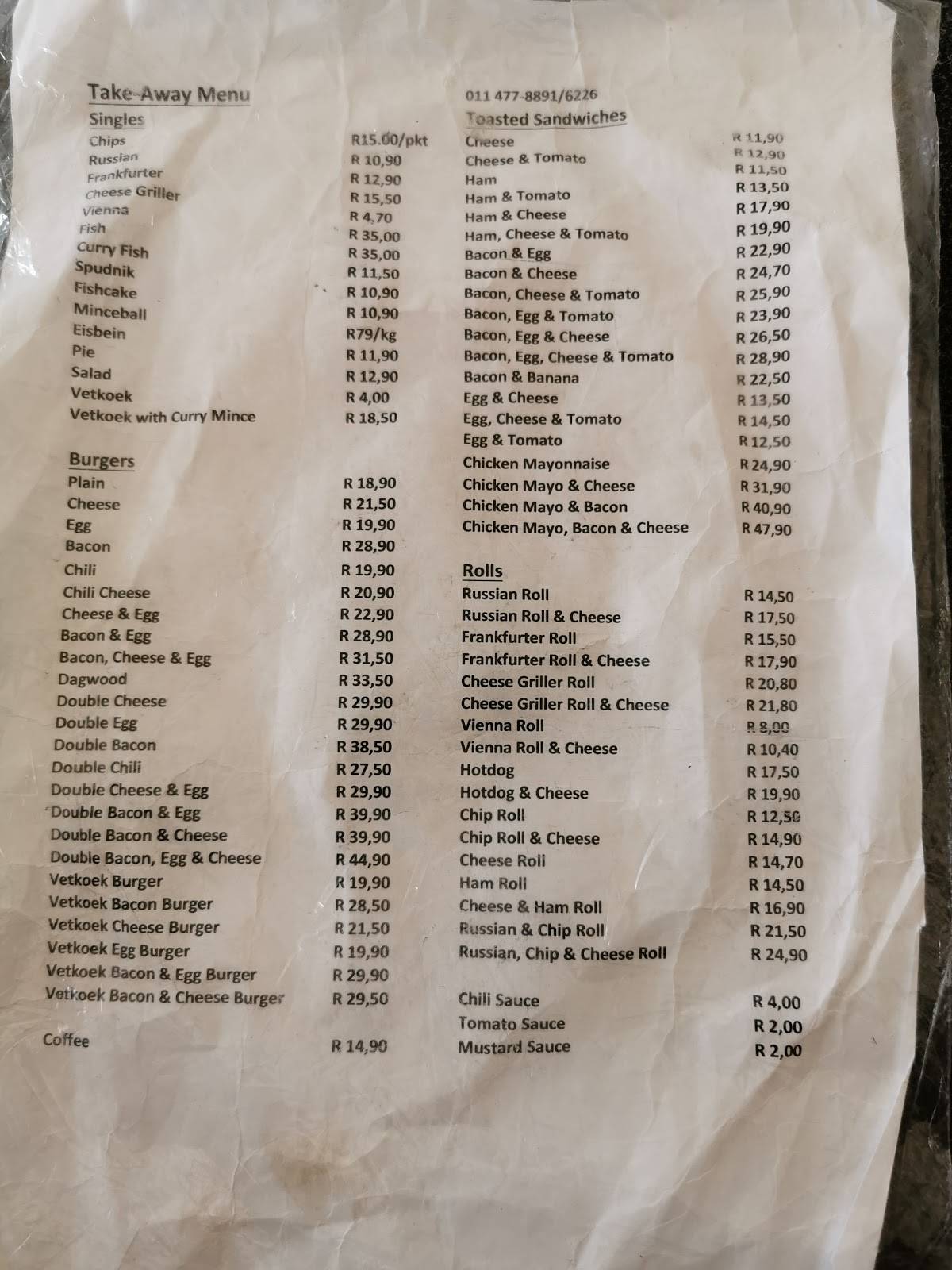 Menu at NONOS Bakery & Take Away, Roodepoort