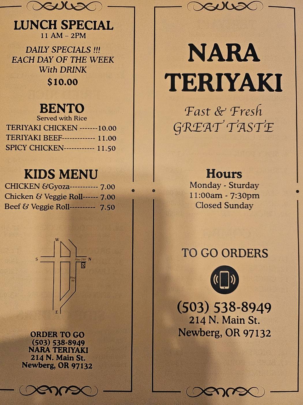 Menu at Nara Teriyaki restaurant, Newberg