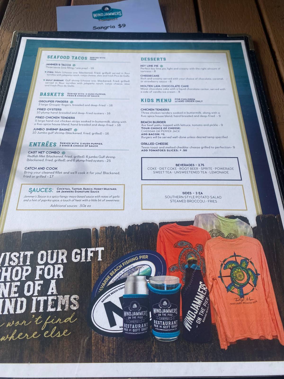 Menu at Windjammers on the Pier pub & bar, Navarre