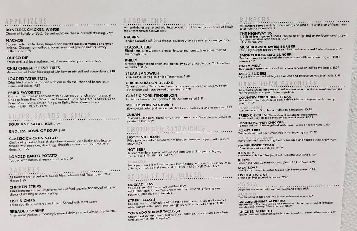 Menu at Nelle's Restaurant, Cameron