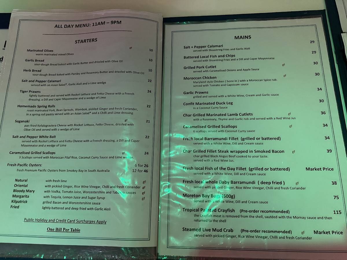 Menu at Neptune's restaurant, Palm Cove