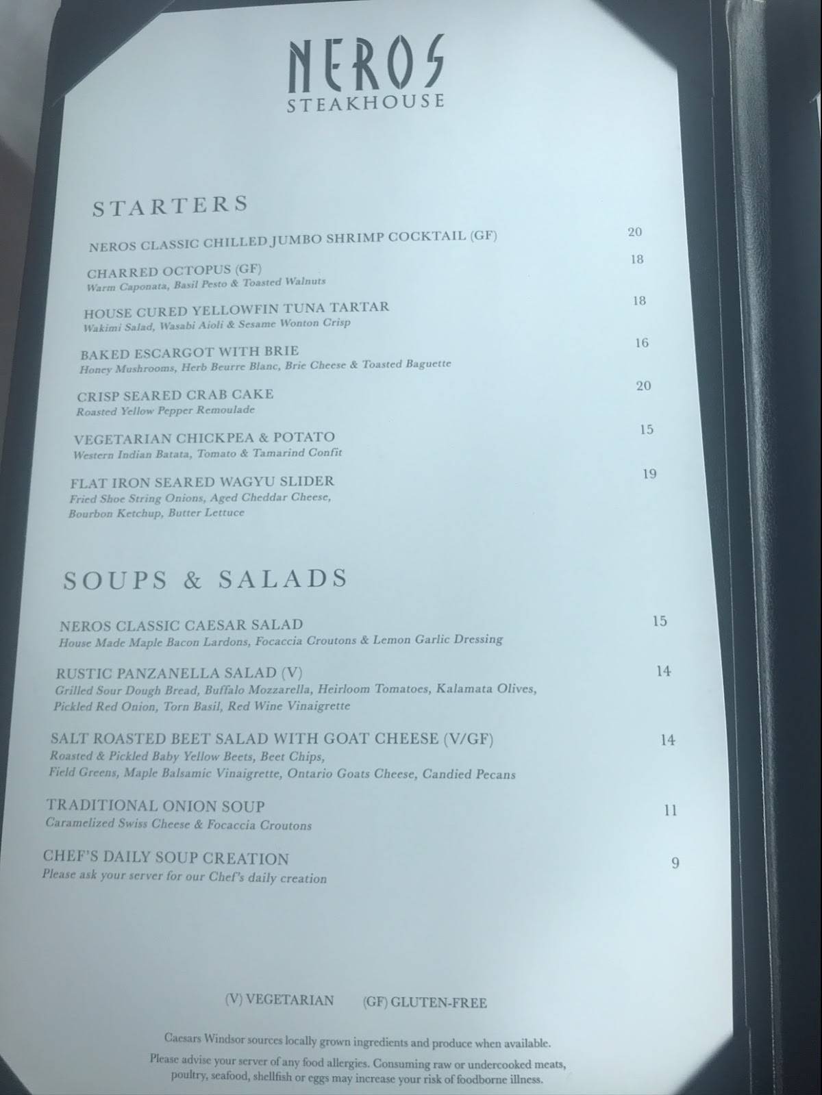Menu at Neros Steakhouse, Windsor