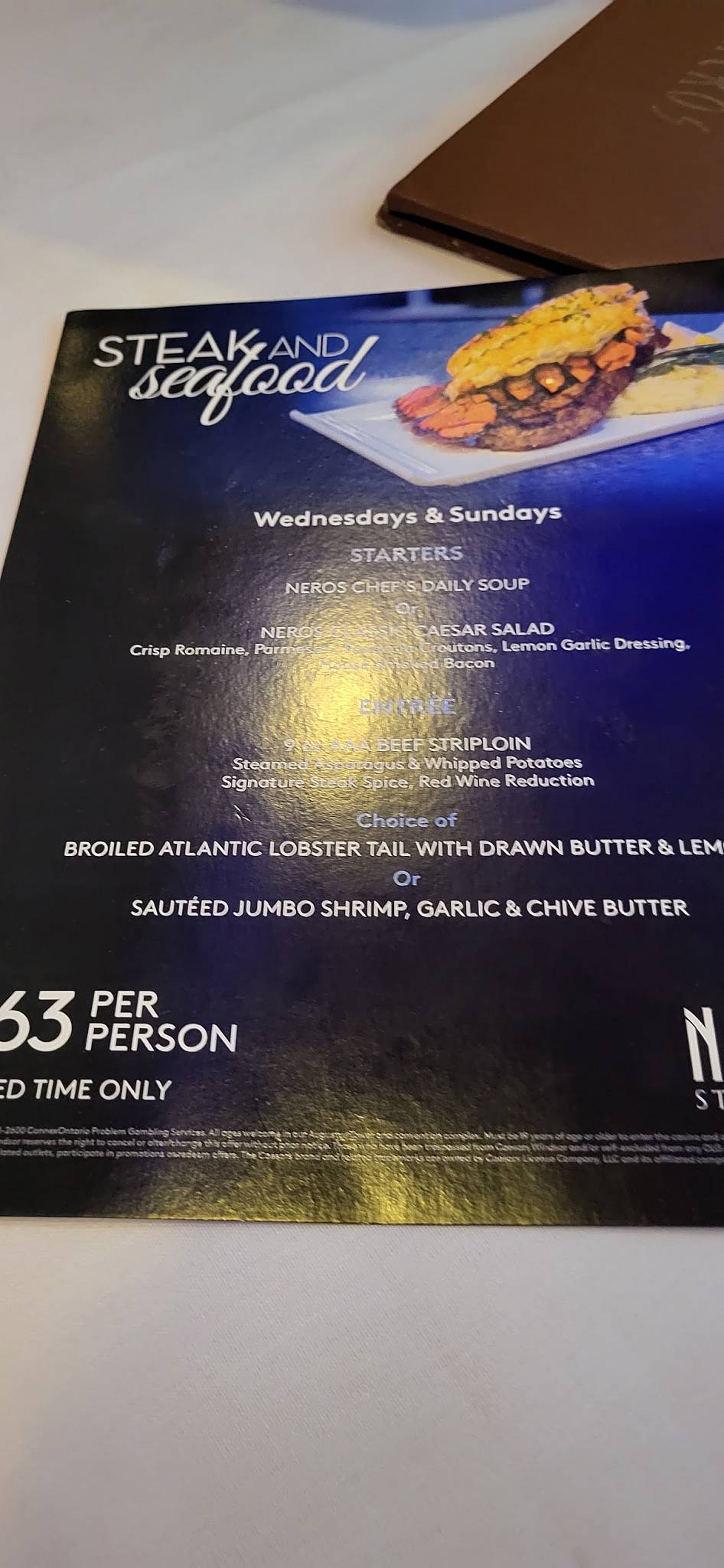 Menu at Neros Steakhouse, Windsor