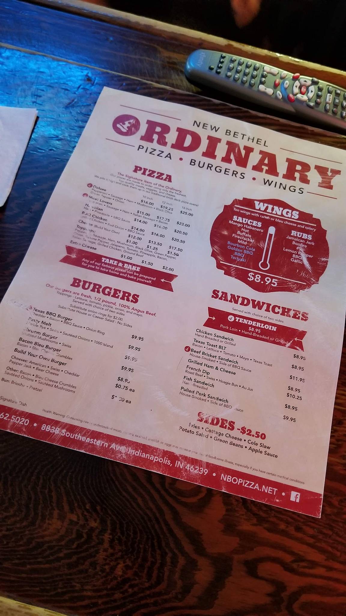 Menu at New Bethel Ordinary pizzeria, Indianapolis, Southeastern Ave