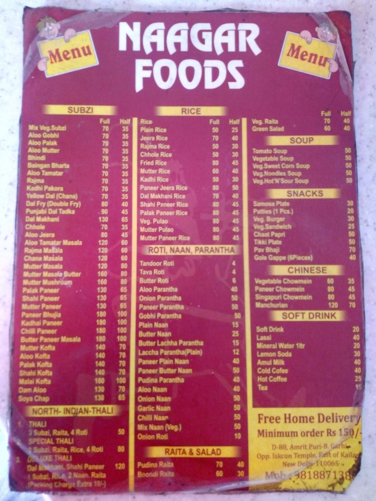 Menu at NAAGAR FOODS, New Delhi, Amrit Puri-B
