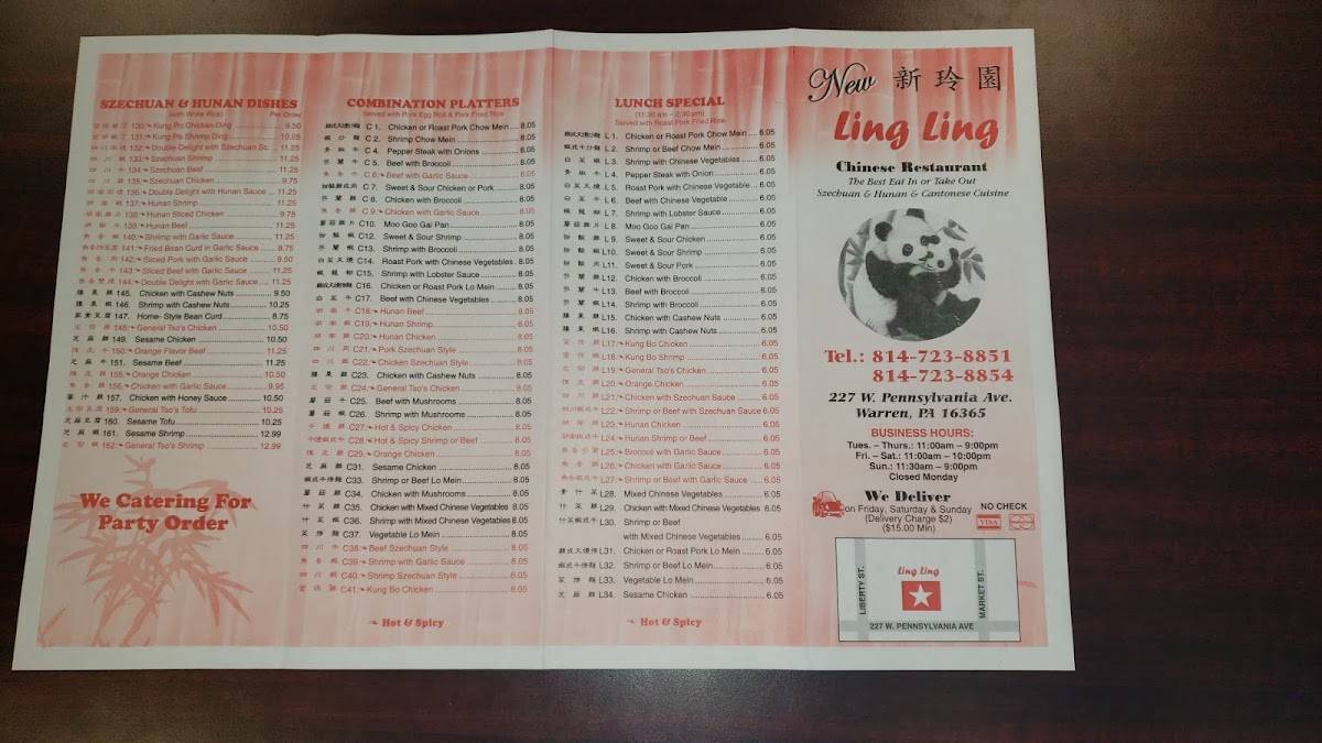 Menu at New Ling Ling Chinese Restaurant, Warren