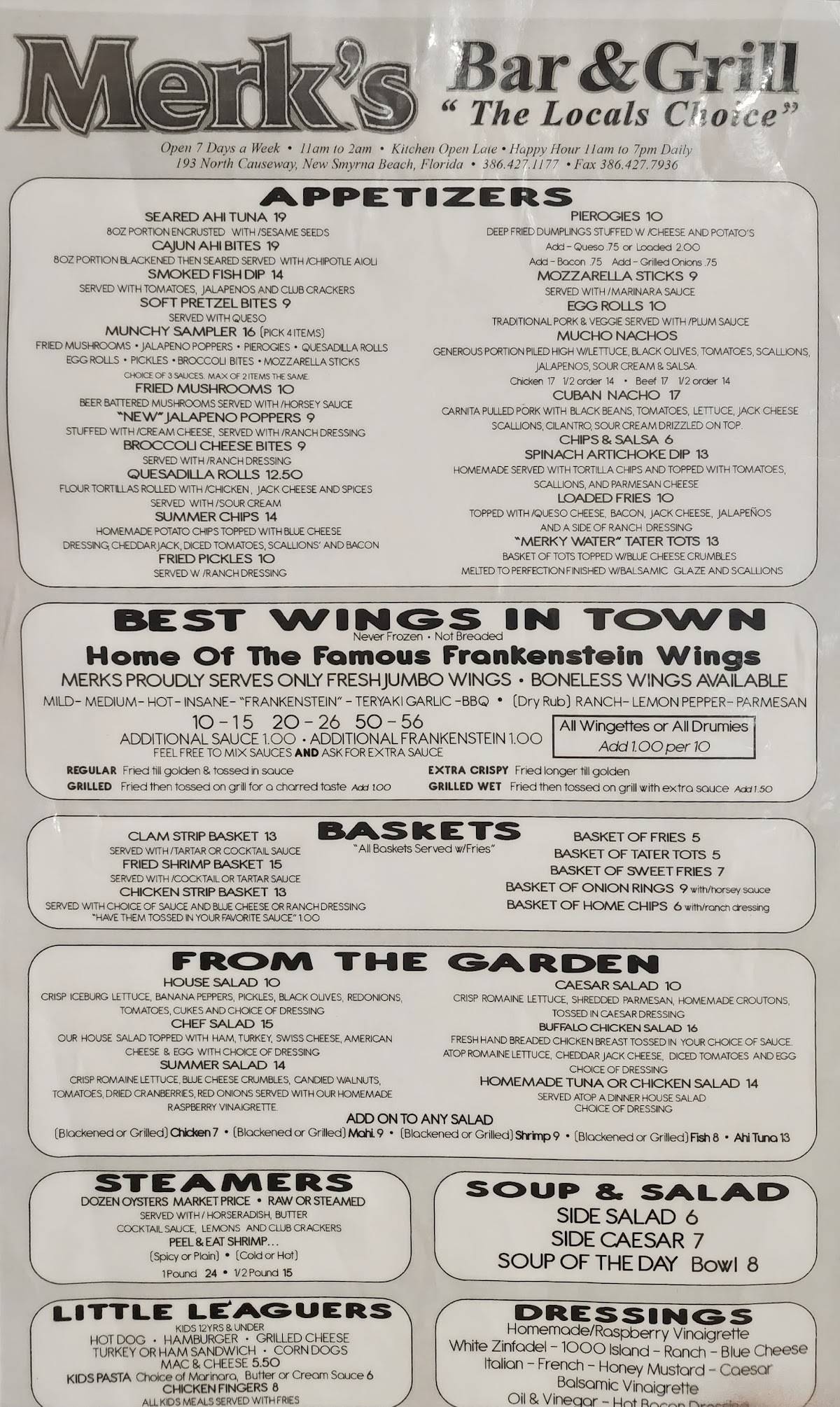 Menu at Merk's Bar & Grill, New Smyrna Beach