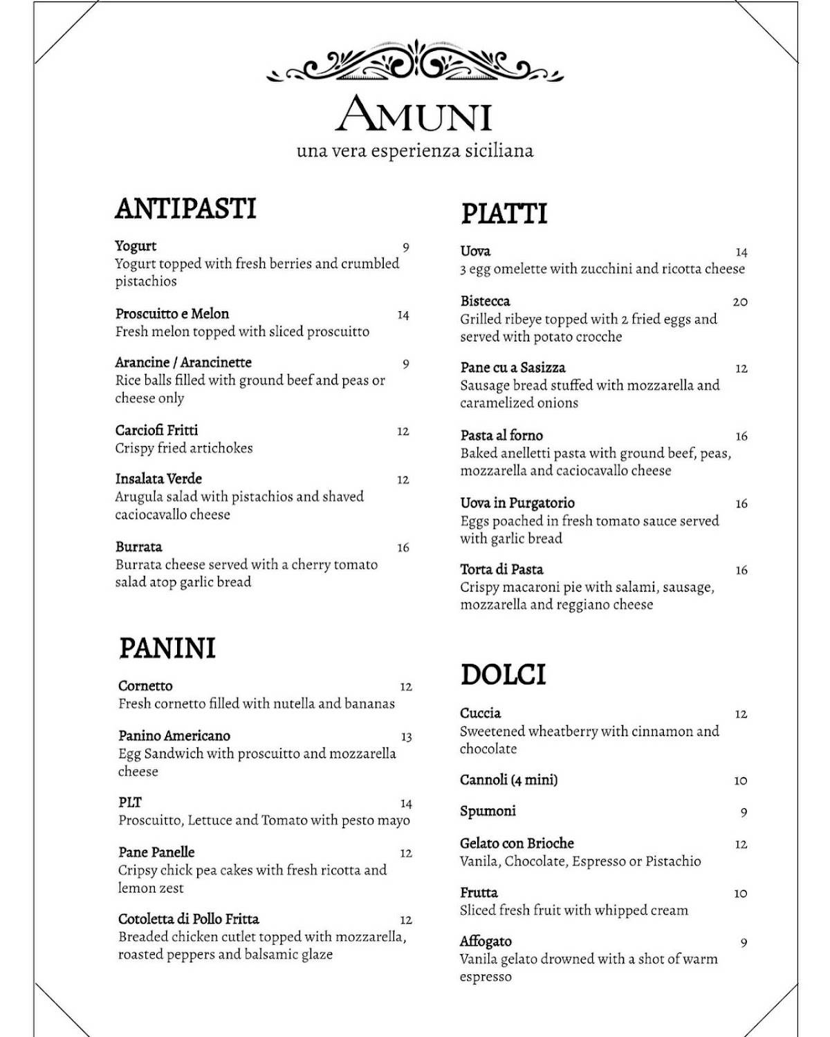 Carta del restaurante Amuni, Nueva York