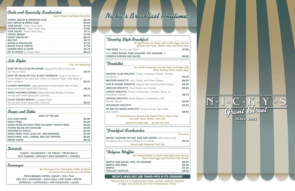 Menu at Nicky's Grant Street restaurant, Pittsburgh, 310 Grant St #100
