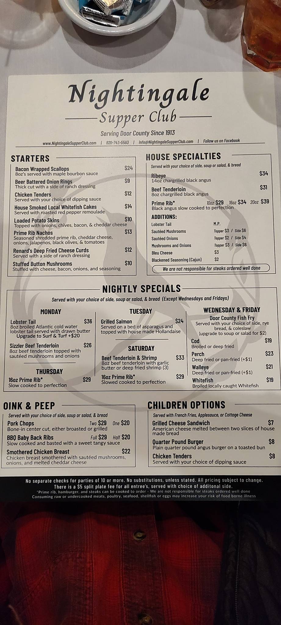 Menu at Nightingale Supper Club, Sturgeon Bay