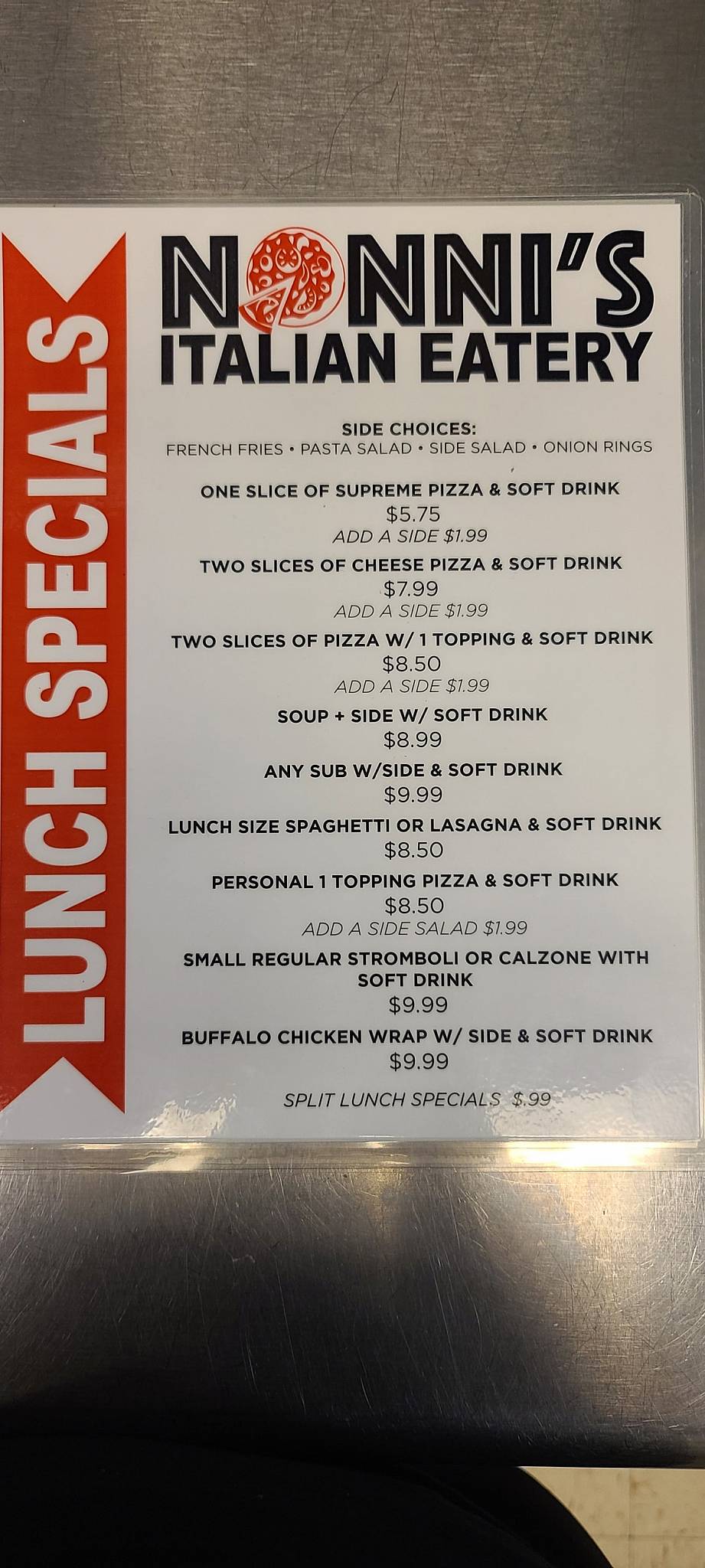 Menu at Nonni's Pizza & Italian Eatery pizzeria, Danville