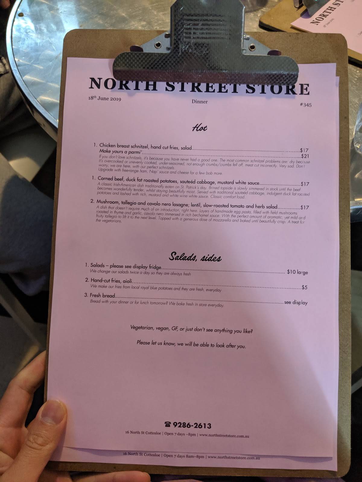 Menu at North Street Store cafe, Cottesloe