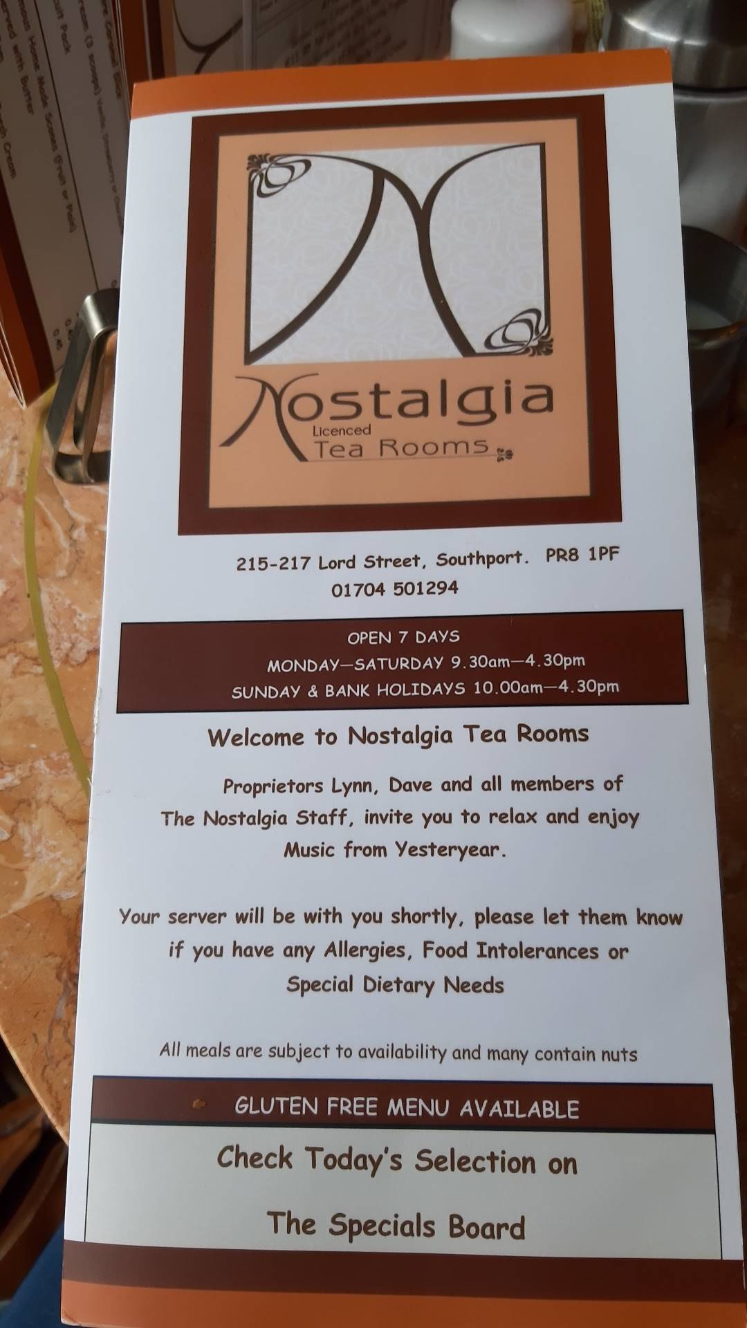 Menu at Nostalgia Tea Rooms cafe, Southport