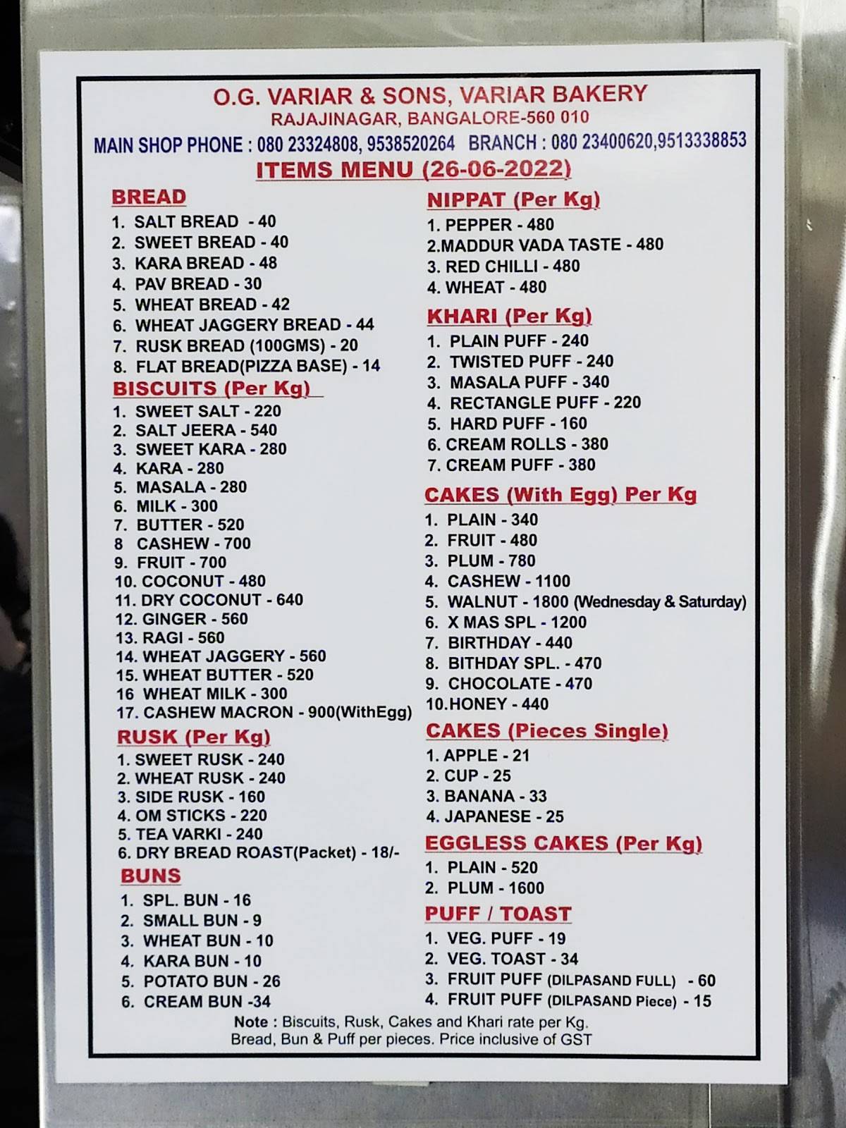 Menu at O.G. Variar and Sons, Variar Bakery, Bengaluru, 68 1'st Main Road