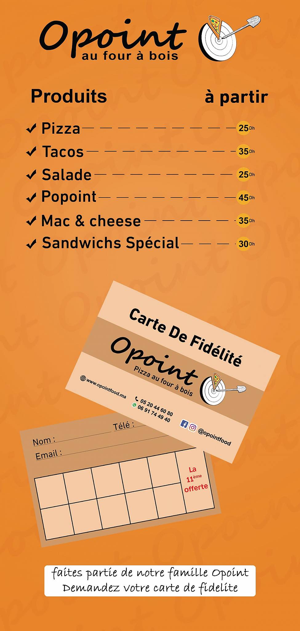 Menu au OPOINT Pizza au four à bois restaurant, Bouskoura