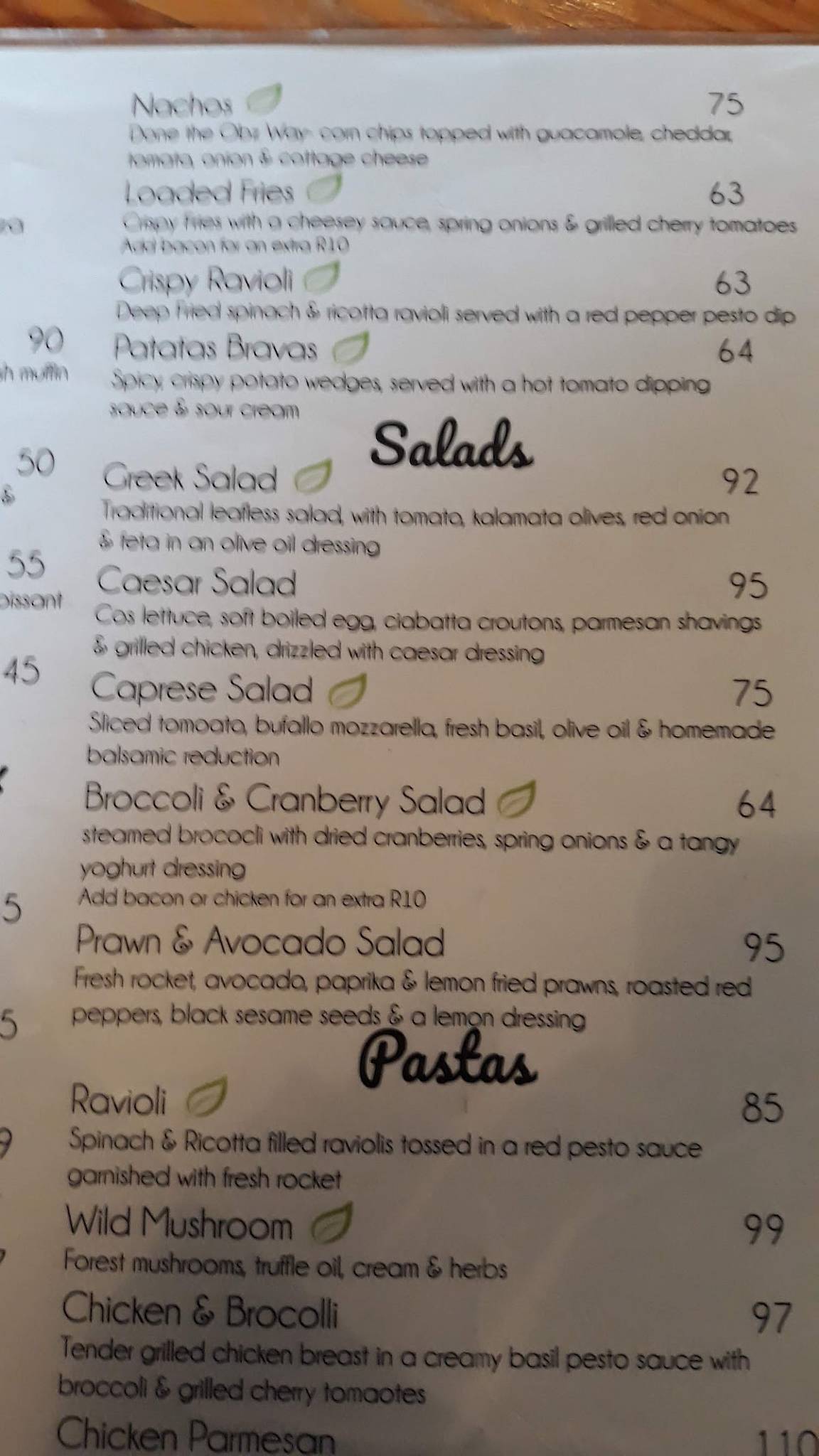 Menu at Obz Cafe, Cape Town