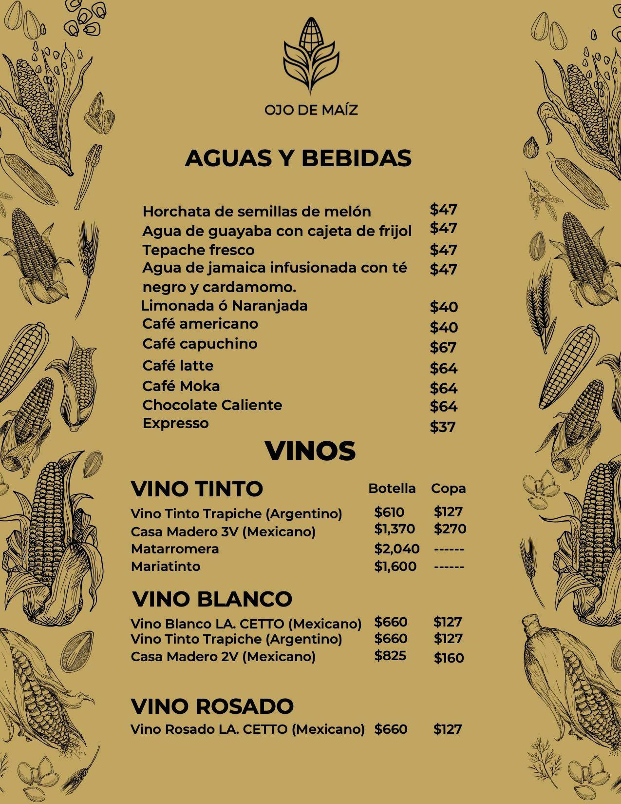 Menu at Ojo de Maíz restaurant, Ciudad López Mateos, Citlaltépetl 23 F