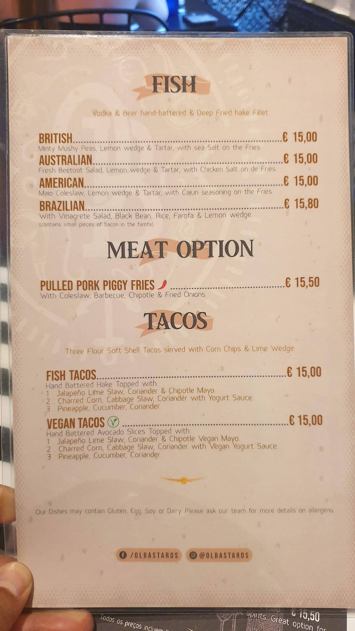 Carta del pub y bar Ol' Bastard's, Lagos
