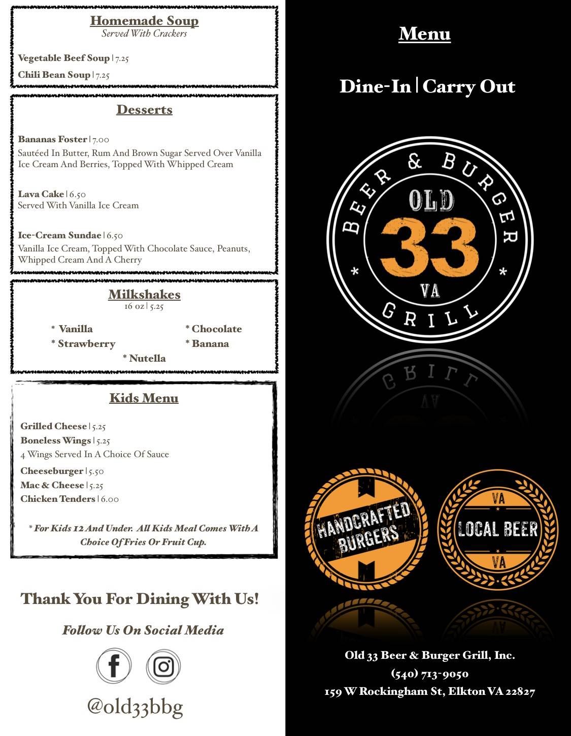 Menu at Old 33 Beer & Burger Grill, Inc. pub & bar, Elkton