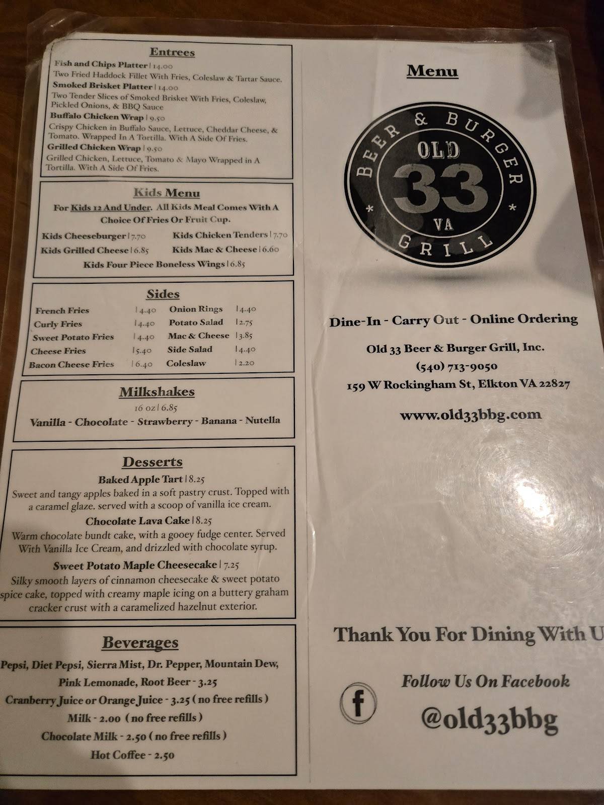 Menu at Old 33 Beer & Burger Grill, Inc. pub & bar, Elkton