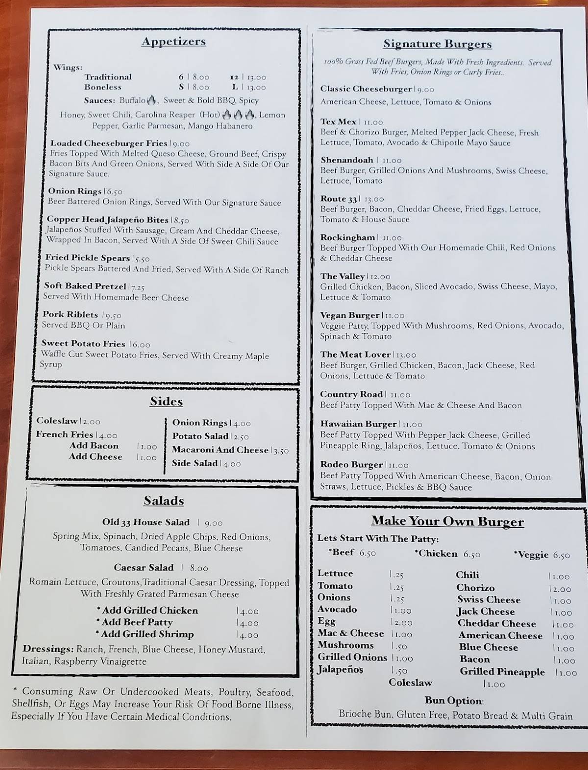 Menu at Old 33 Beer & Burger Grill, Inc. pub & bar, Elkton