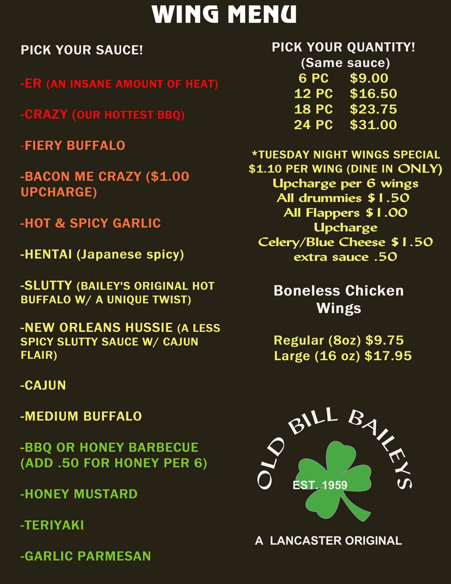 Menu at Old Bill Bailey's pub & bar, Lancaster