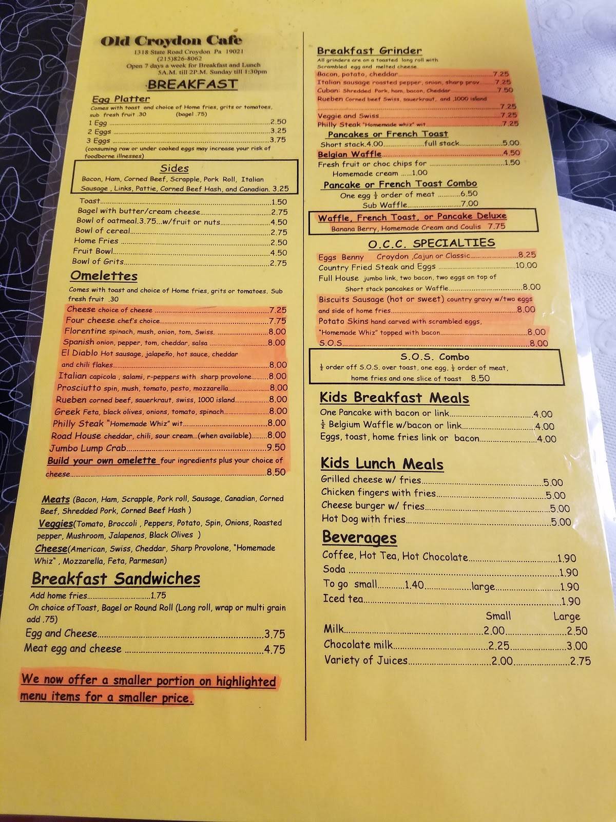Menu at Old Croydon Cafe, Croydon