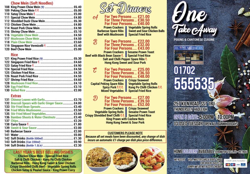 Menu at One restaurant, South Benfleet