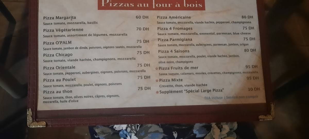 Menu au O'Palm restaurant, Casablanca, H8Q8+CQ6، شارع المحيط الأطلسي ...