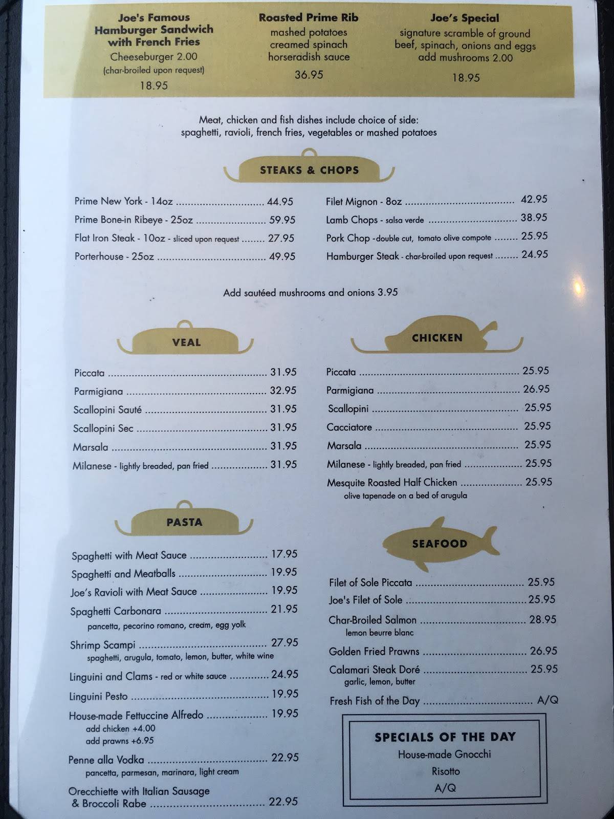 Menu at Original Joe's steakhouse, San Francisco, 601 Union St