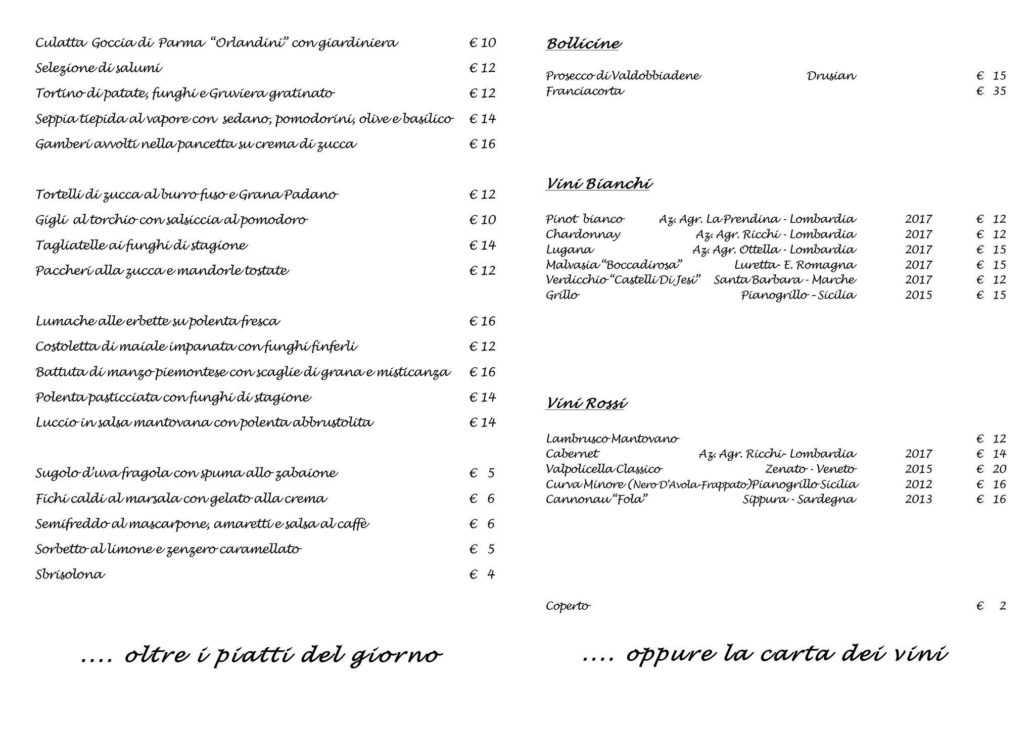 Speisekarte von Osteria "...La porta accanto" Mantova restaurant, Mantua