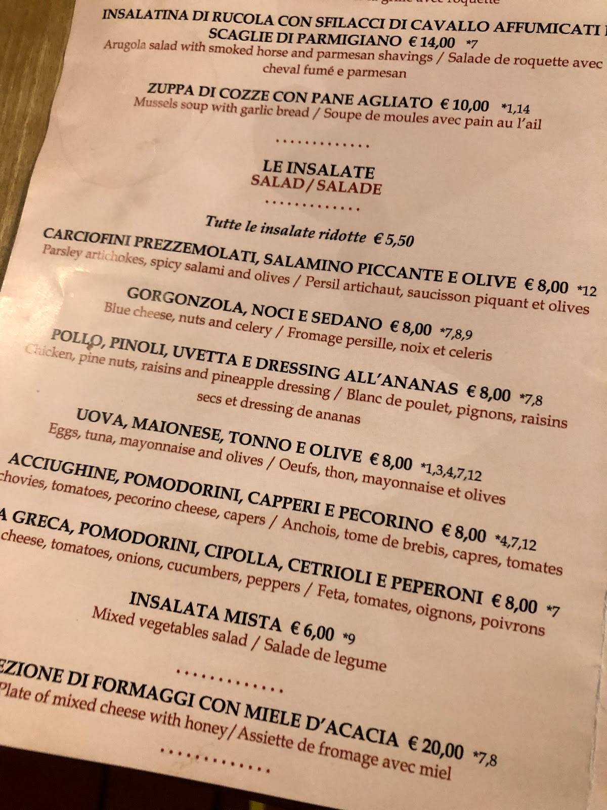Menu at Osteria Santo Spirito restaurant, Florence, Piazza Santo Spirito