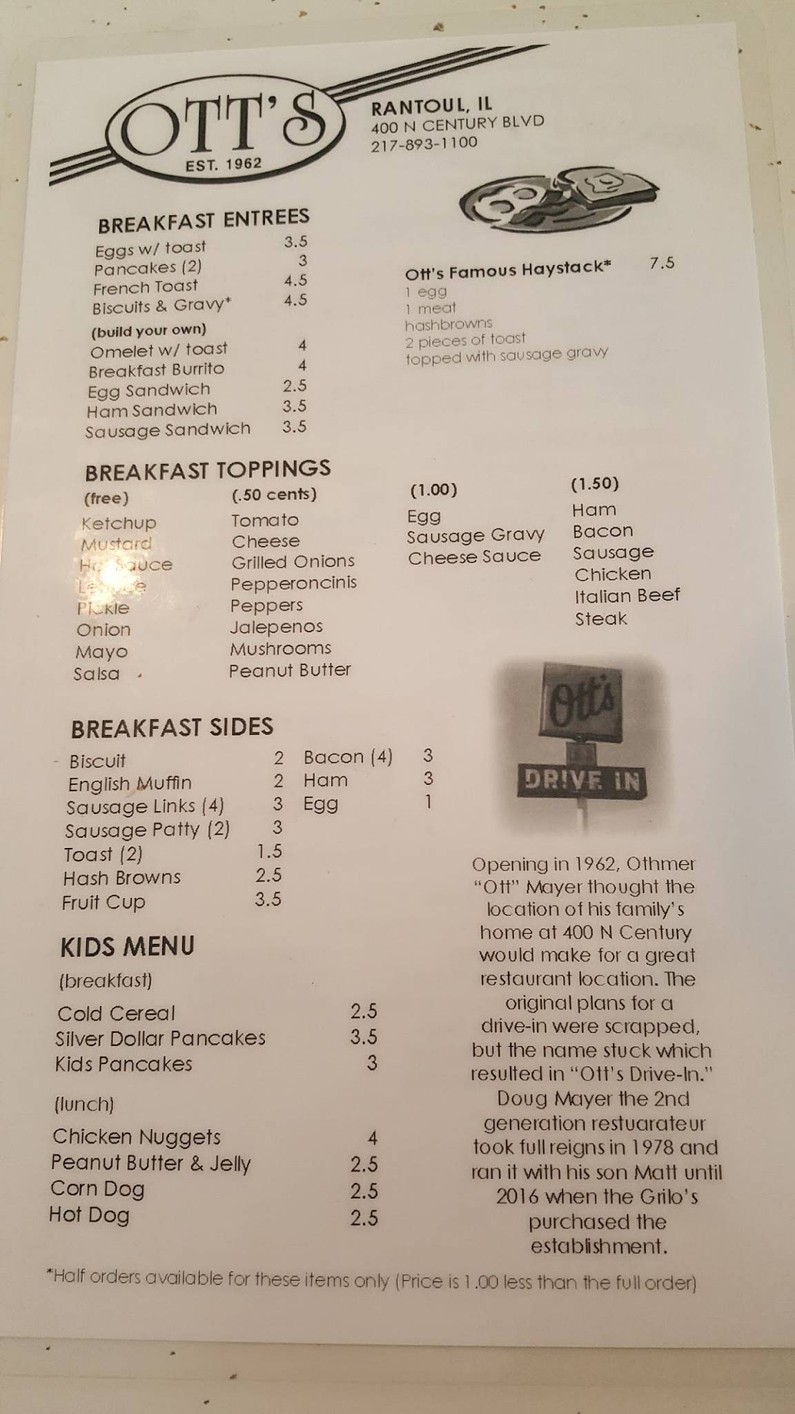 Menu at Ott's Drive In restaurant, Rantoul