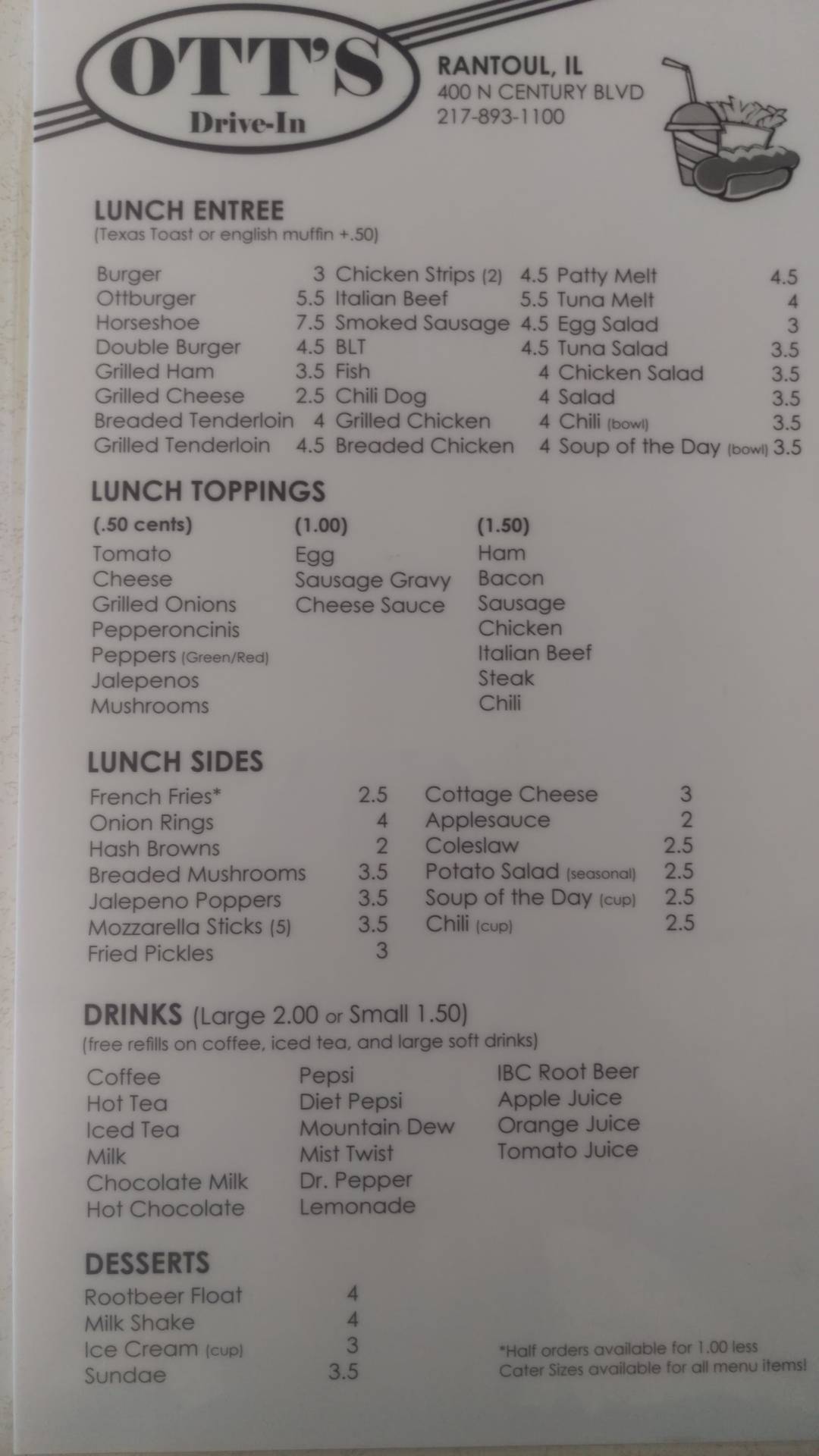 Menu at Ott's Drive In restaurant, Rantoul