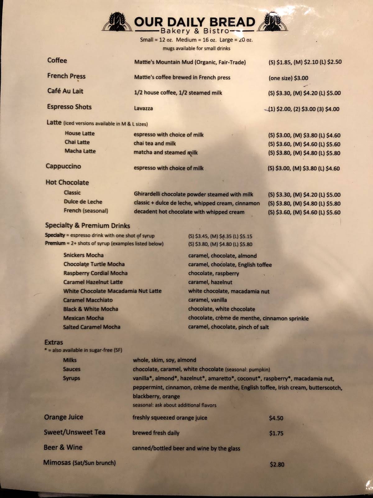 Menu at Our Daily Bread Bakery & Bistro, Blacksburg