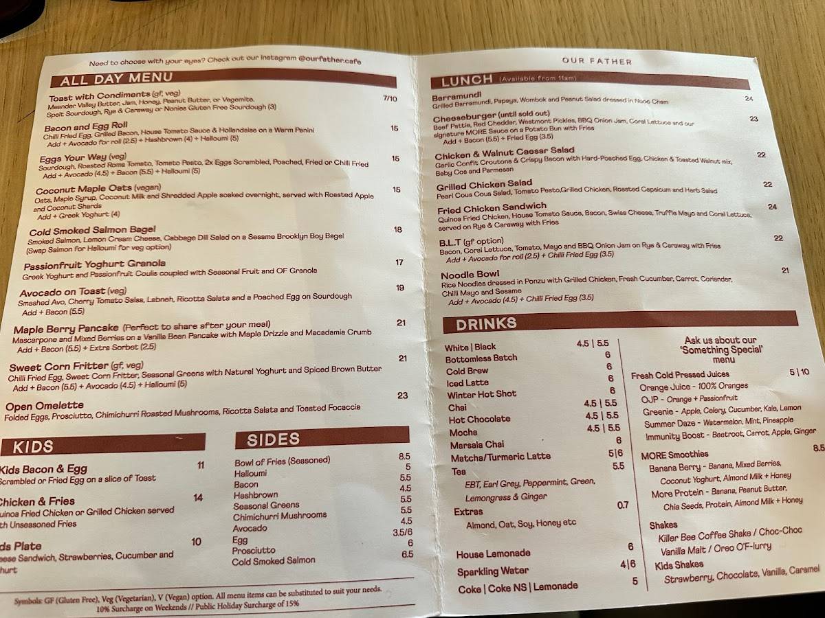 Menu at Our Father cafe, Woolooware
