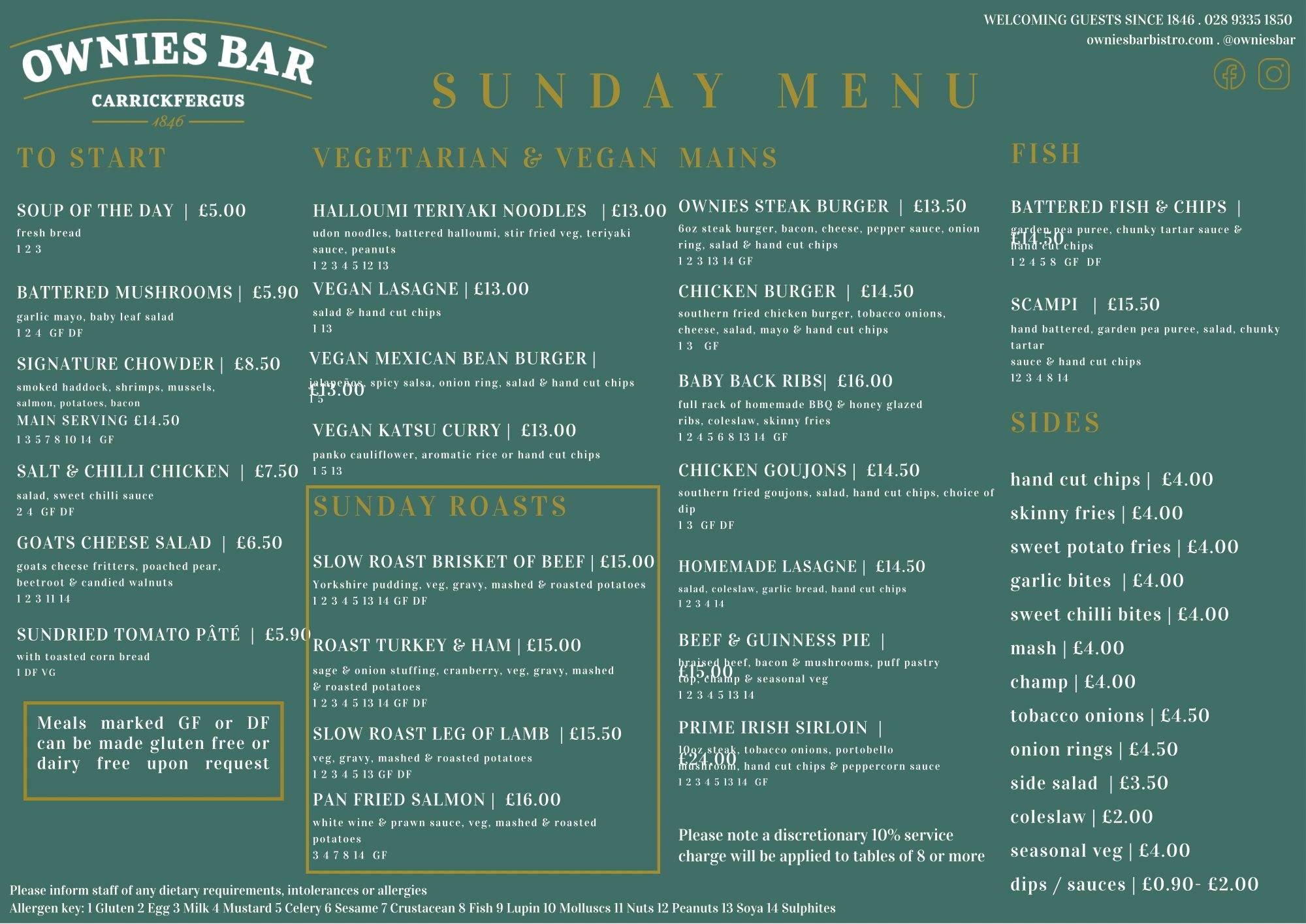 Menu at Ownies Bar and Bistro, Carrickfergus