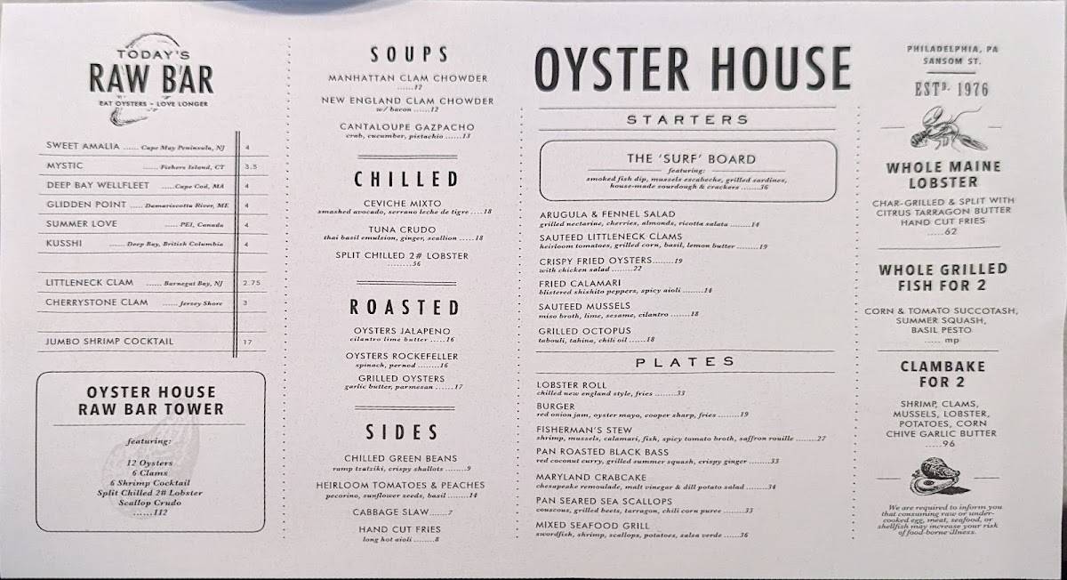 Menu at Oyster House restaurant, Philadelphia