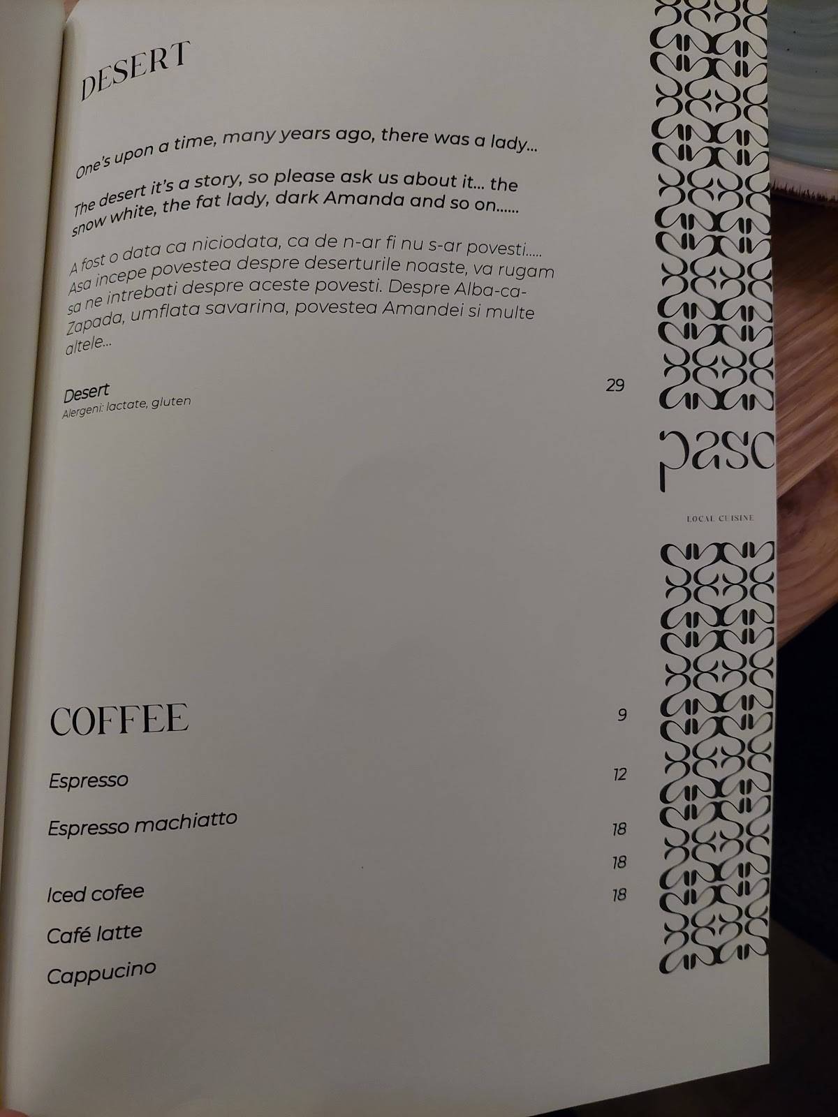 Menu at PASO Local Cuisine, Timișoara